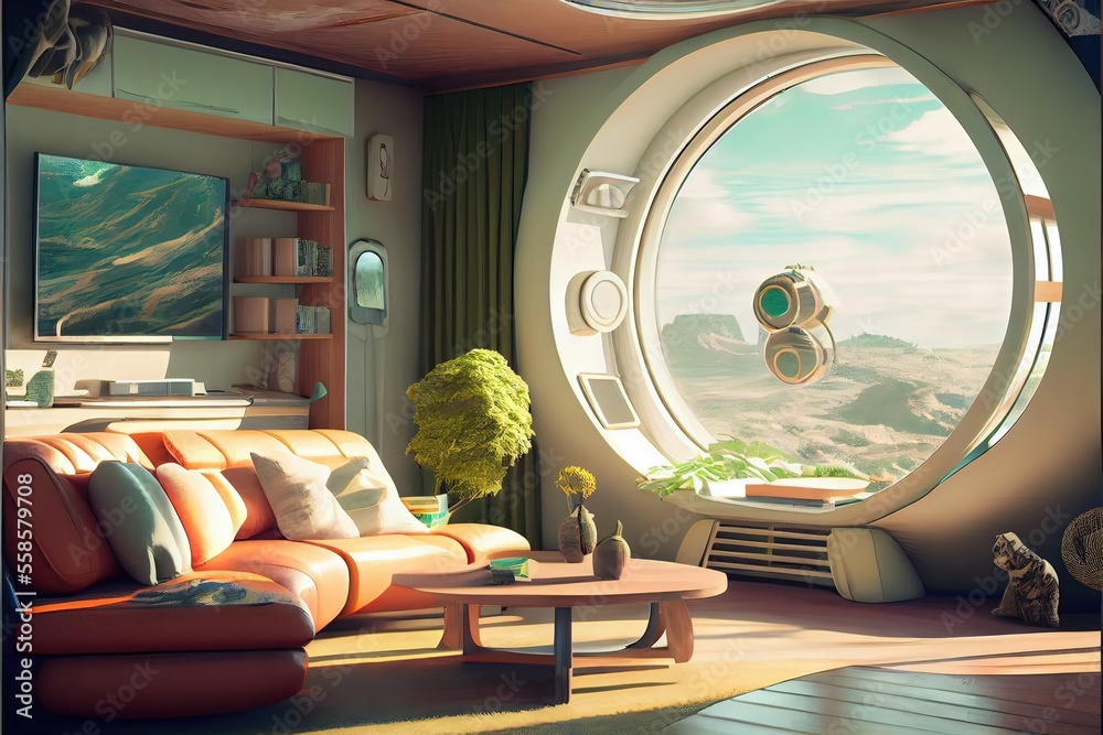 Generative AI illustration of comfy living room from the year 2050 ...