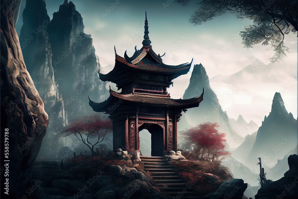 Generative Ai Illustration Of Fantasy Background With Mysterious Ancient Chinese Temple In