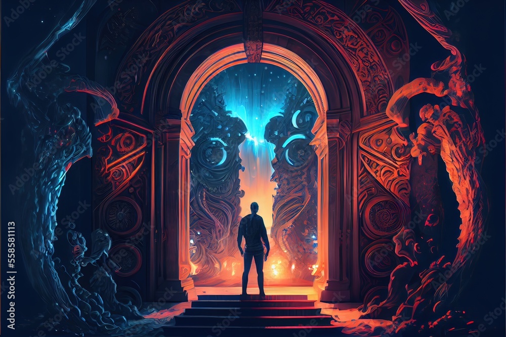 Generative Ai illustration of man in front of portals to fantasy ...