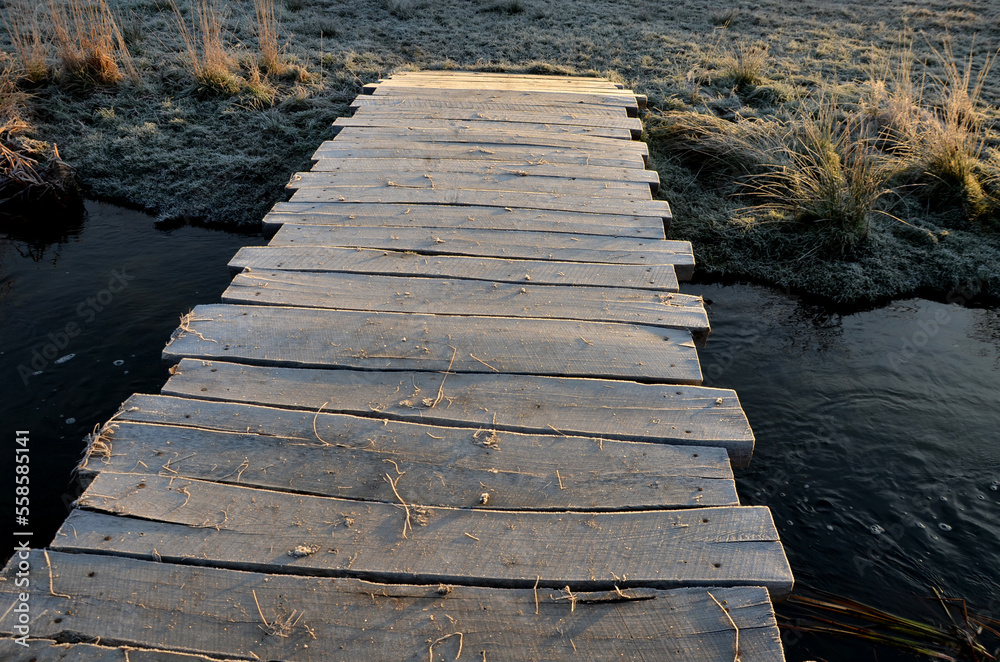 floating walkway made of wooden planks, pier, narrow curved paths on ...