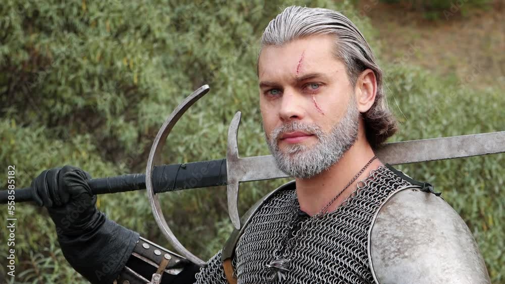 Portrait of a medieval warrior with gray hair and a scar on his face in ...