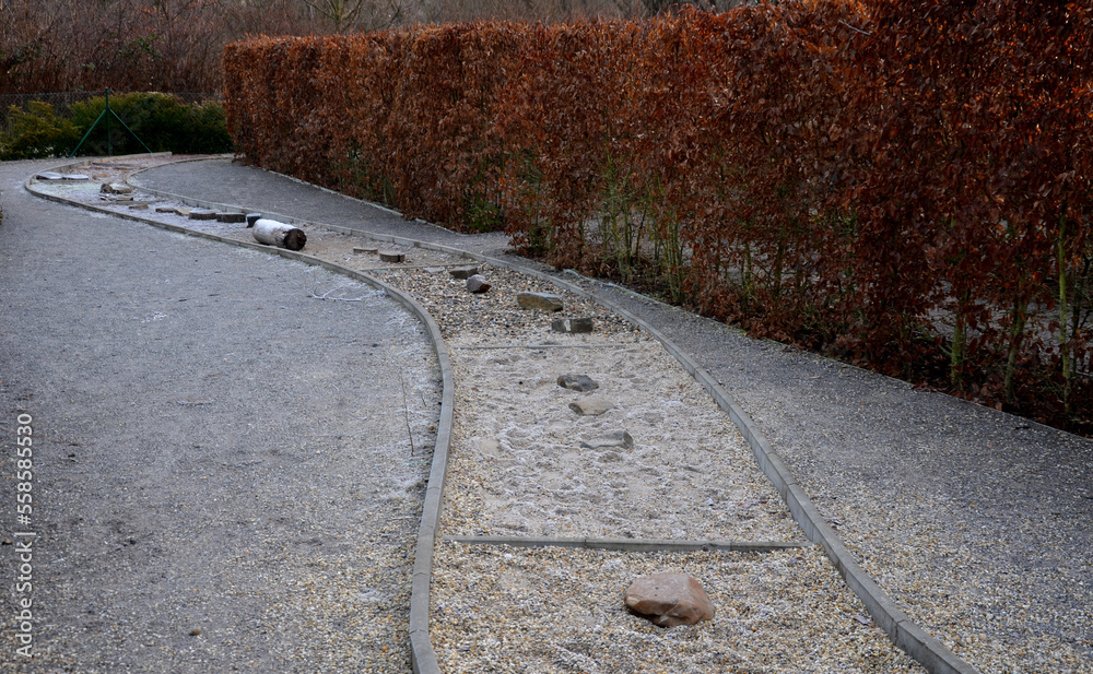 Tactile path for bare feet awakens the senses and uneven endings on the ...