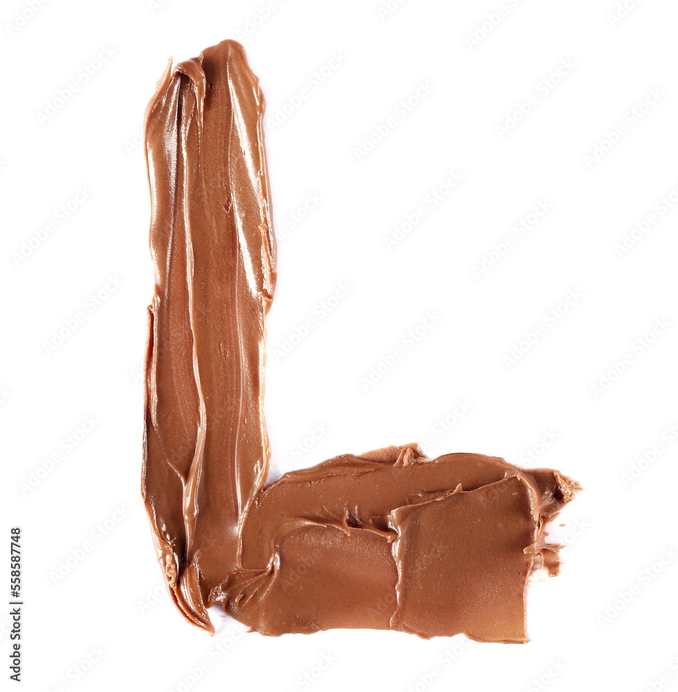 Cream chocolate spreading in shape letter L, alphabet isolated on white ...