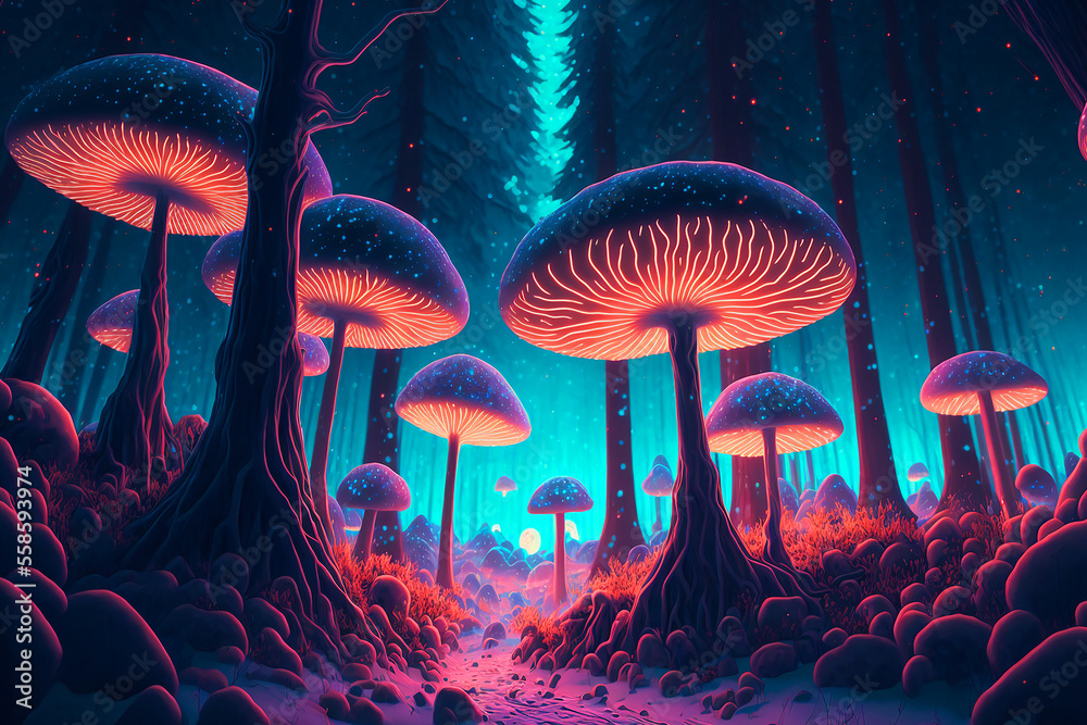 a mushroom winter wonderland fill will snow covered bioluminescent ...