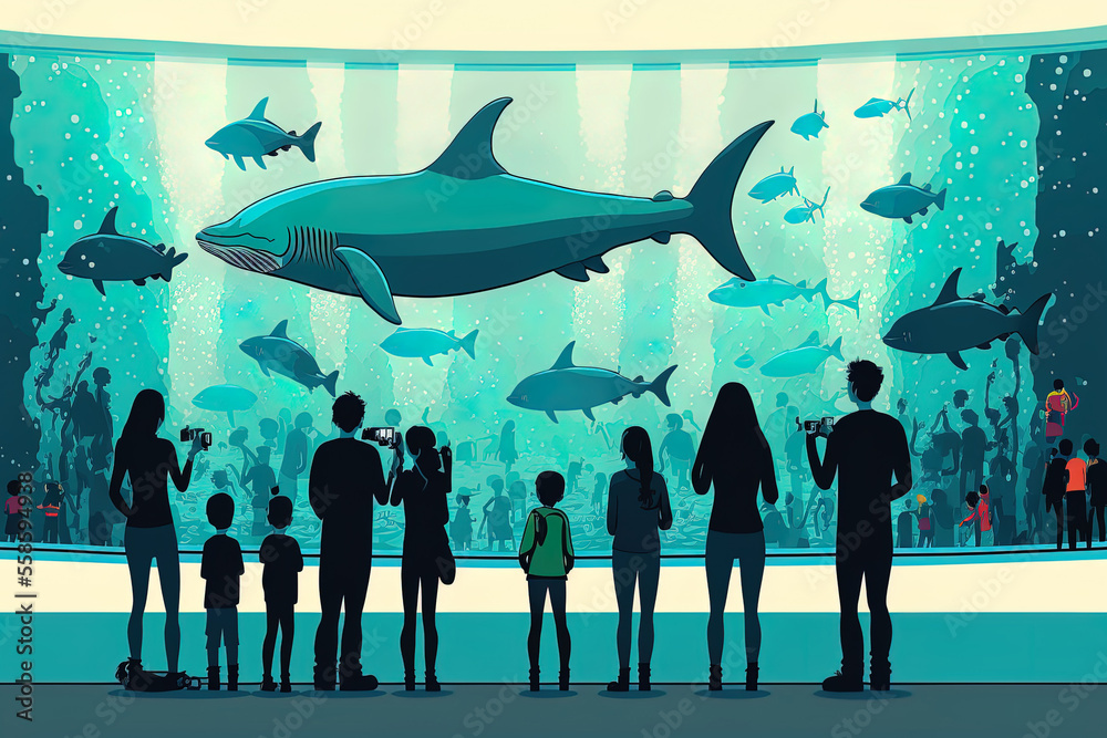 aquarium in a museum. Children and parents enjoying large fish in an ...