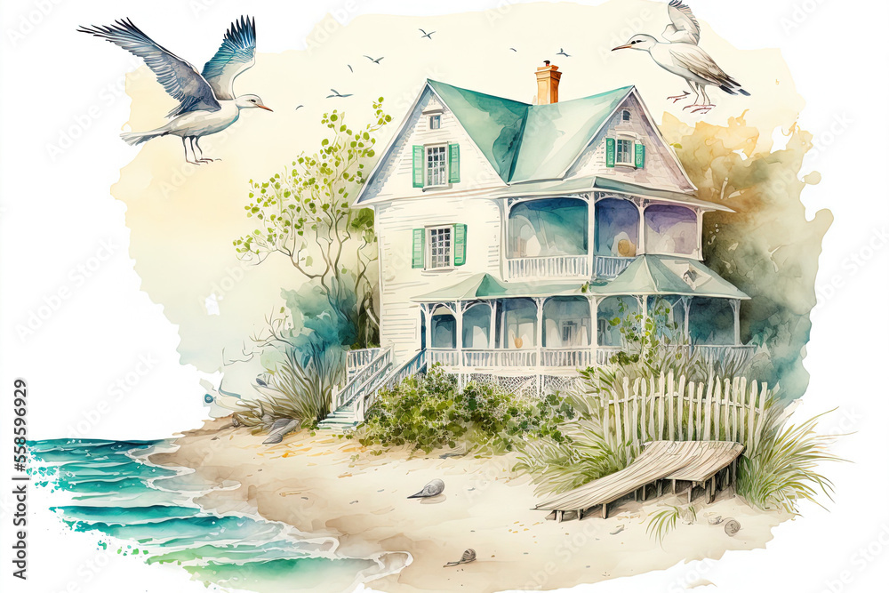 White beach home with decorative features and birds (seagulls), hand ...