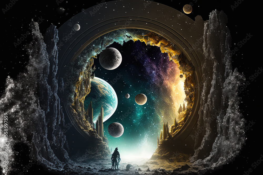 Multiple portals with valuable stones, gold, and silver in a deep ...