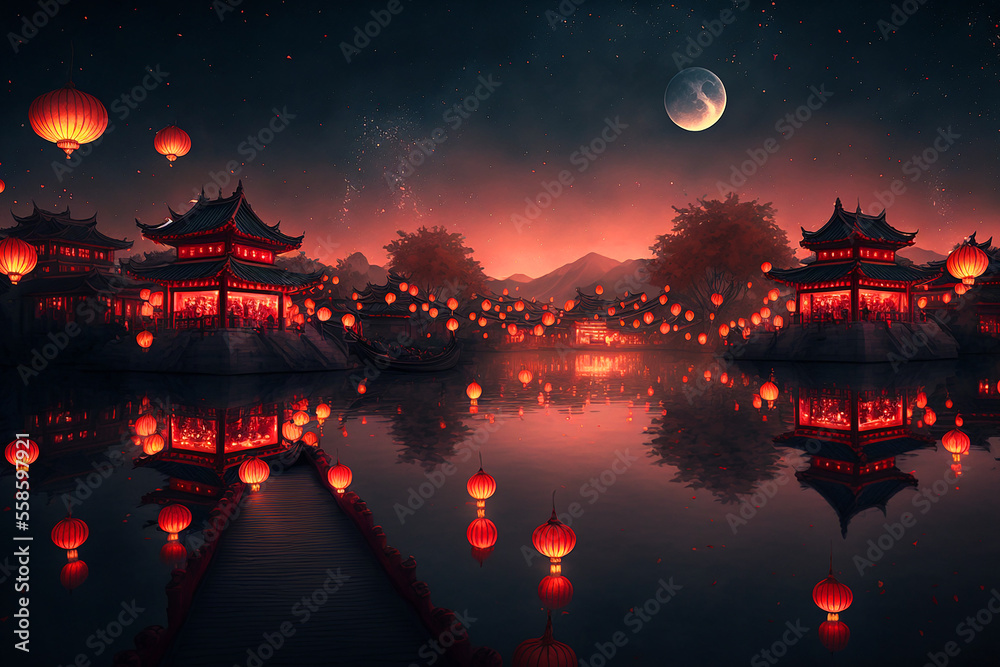 houses on both sides of the lake, crowds watching the lantern festival ...