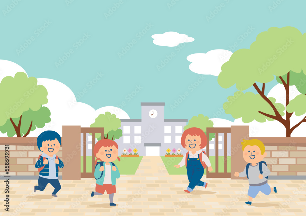 学校に通う小学生のイラスト Stock ベクター | Adobe Stock