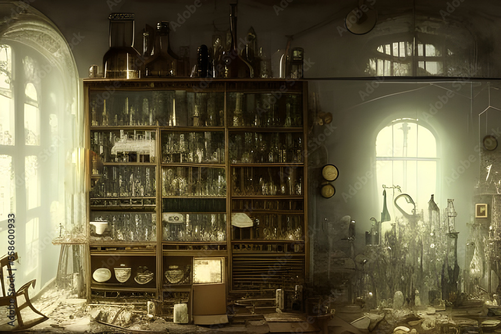 A strange and creepy cabinet of curiosities lab filled with lots of ...