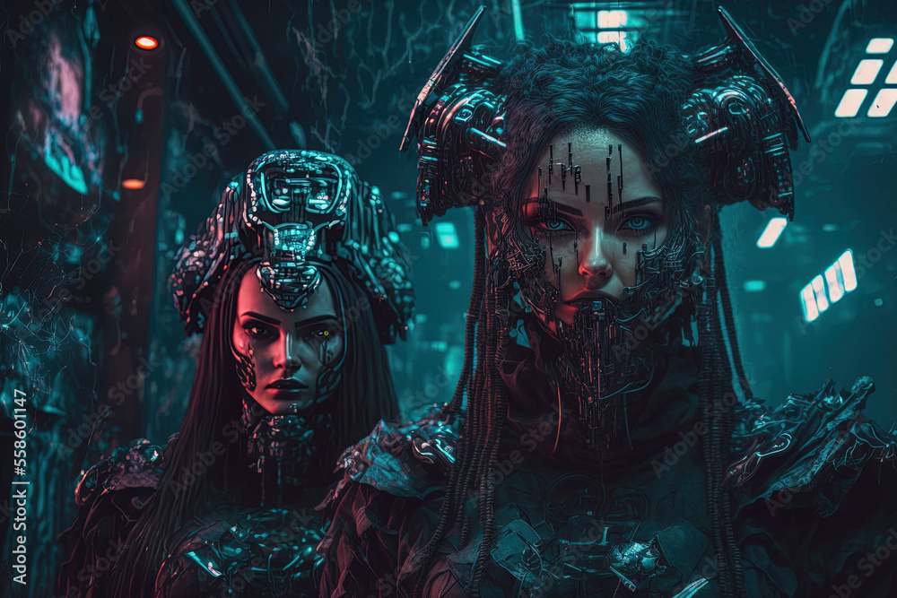 Witches of cyberpunk hide in a shadowy hacker location. neural network ...