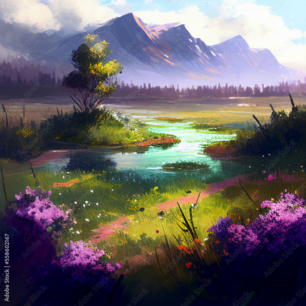 Grasslands Landscape Purple Flowers Green Grass Mountains Blue Sky ...