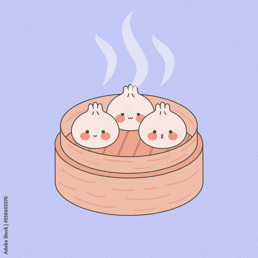 Cute dumplings in bamboo steamer. Kawaii dim sum. Asian Traditional ...