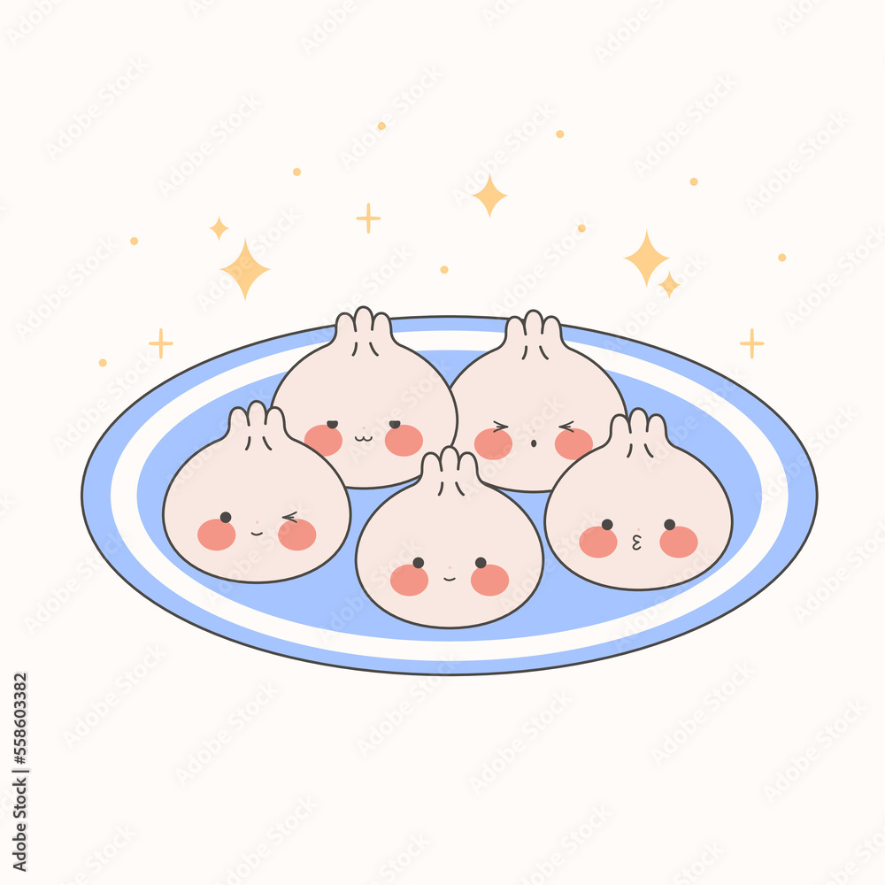 Cute dumplings in bamboo steamer. Kawaii dim sum. Asian Traditional ...