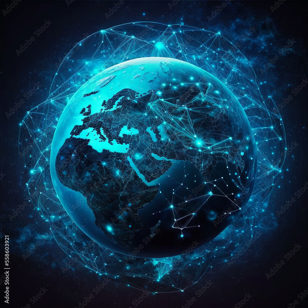 Blue futuristic background with planet Earth, Internet satellites ...