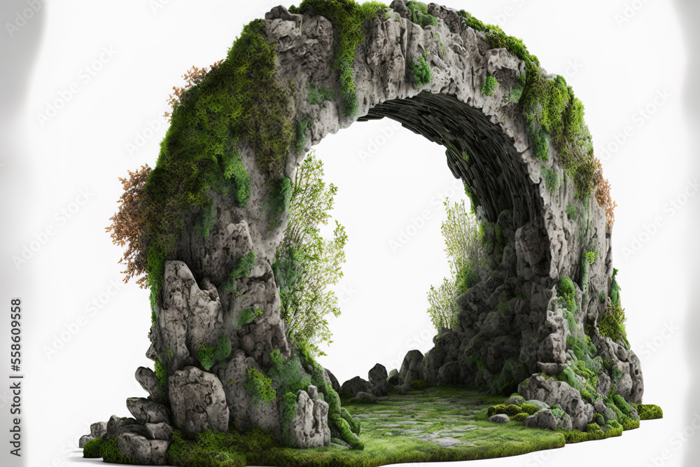 cut out woodland arch made of natural rock. Isolated stone arch on a ...