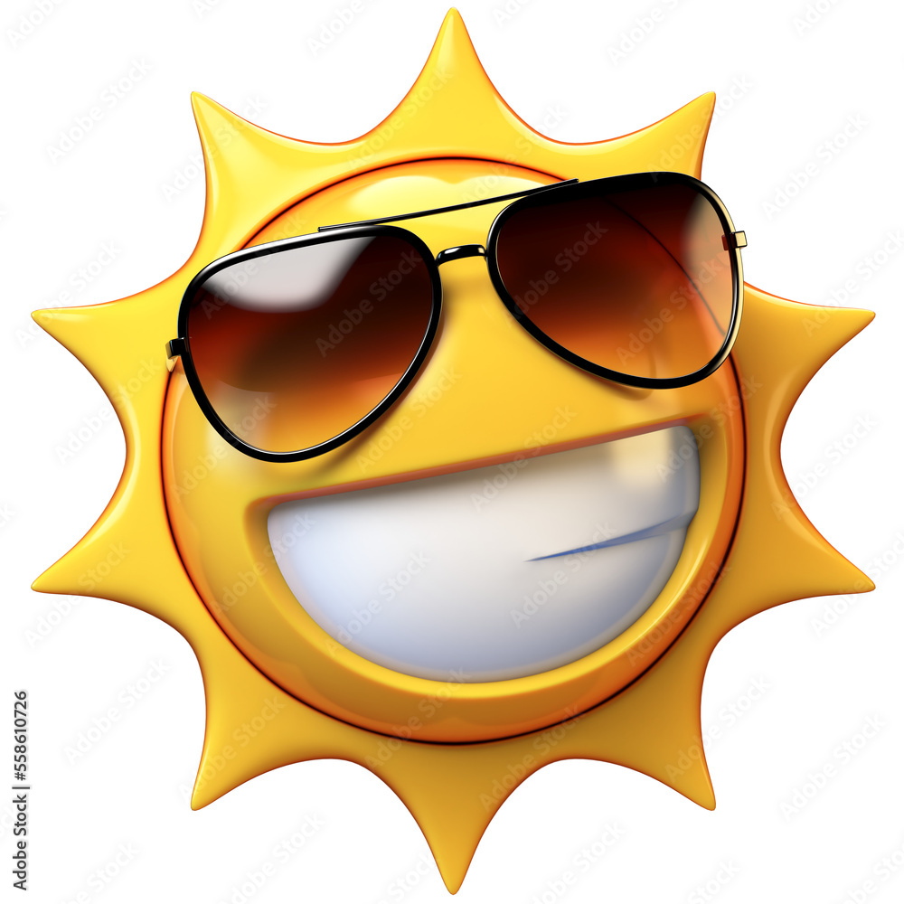 Cartoon sun with sunglasses emoji isolated on white background ...
