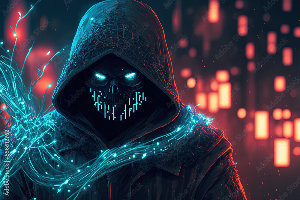 hacker in cyberpunk garb skulk under some cyan Christmas lights ...