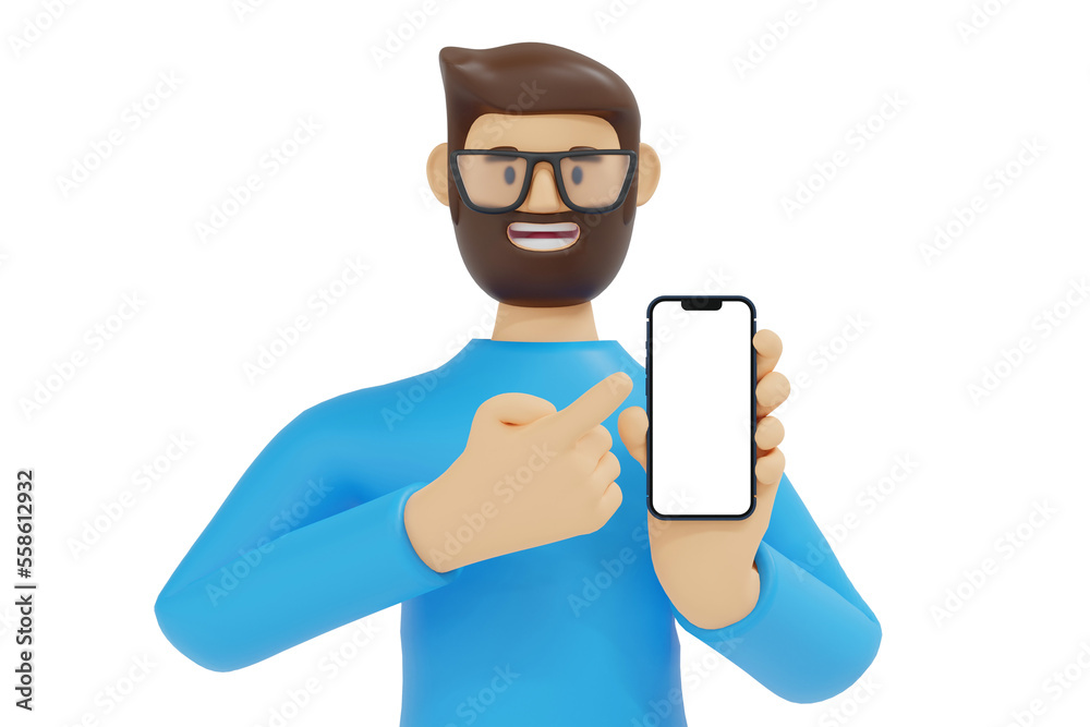Cartoon character man pointing finger at blank screen smartphone, app ...