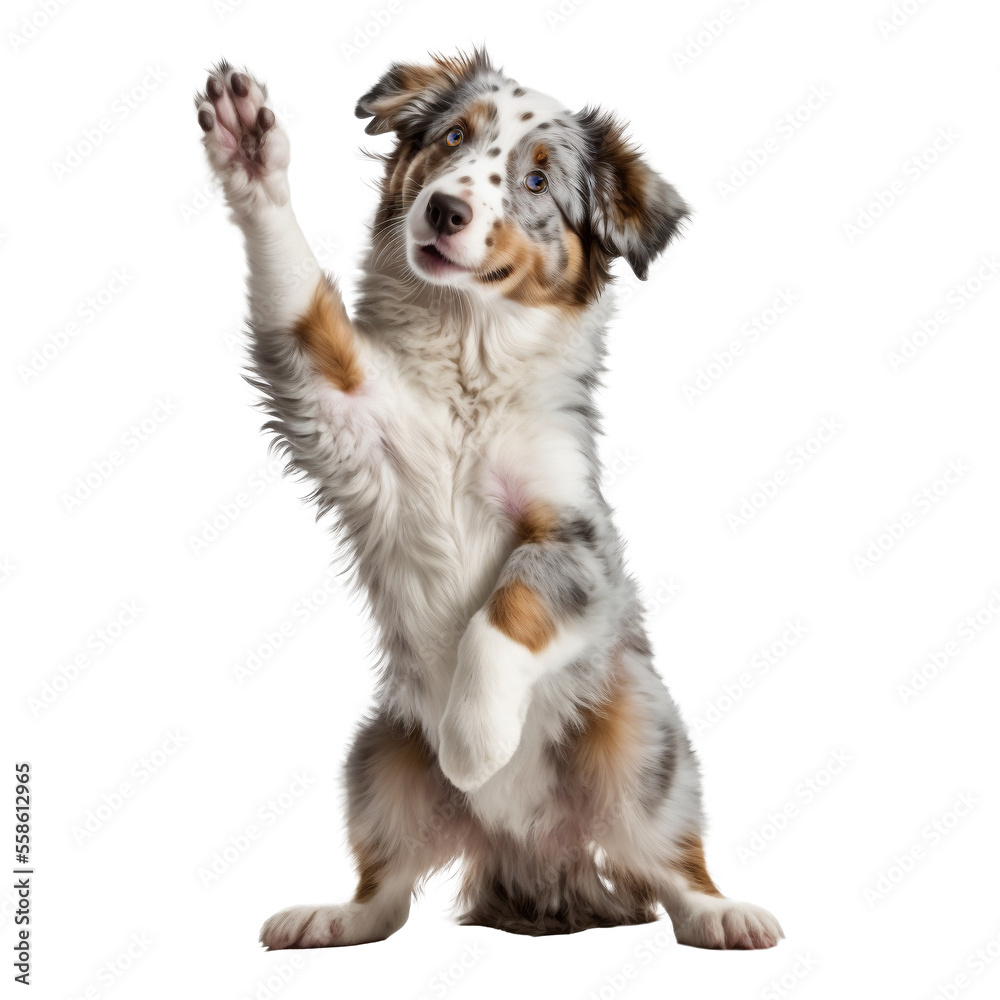 Chien de berger qui lève la patte droite pour dire bonjour - isolé sur ...