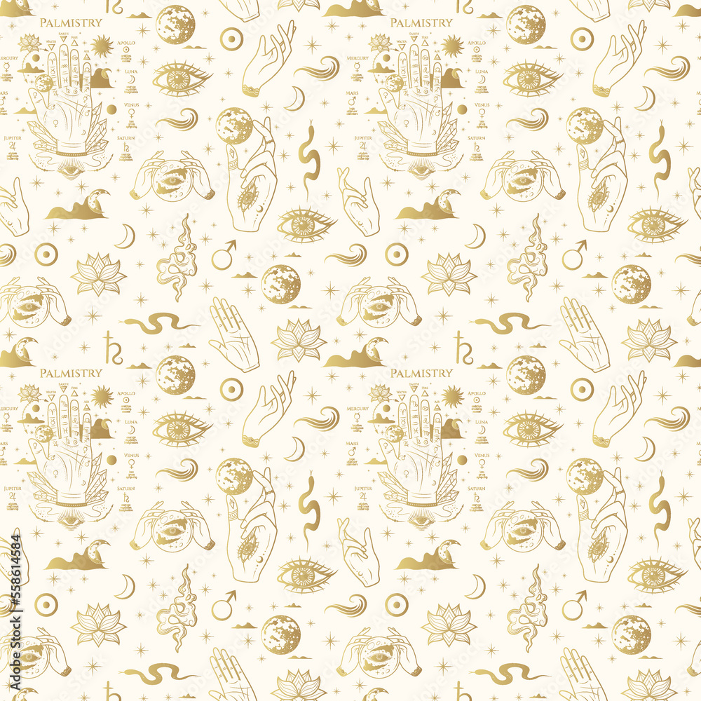 Golden celestial seamless pattern with palmistry hands, all-see eyes ...