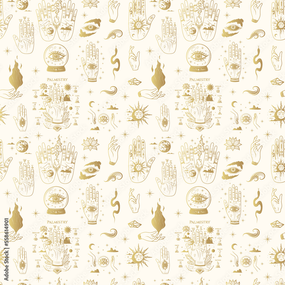 Golden Palmistry hands, all-see eyes and other esoteric symbols. Hand ...