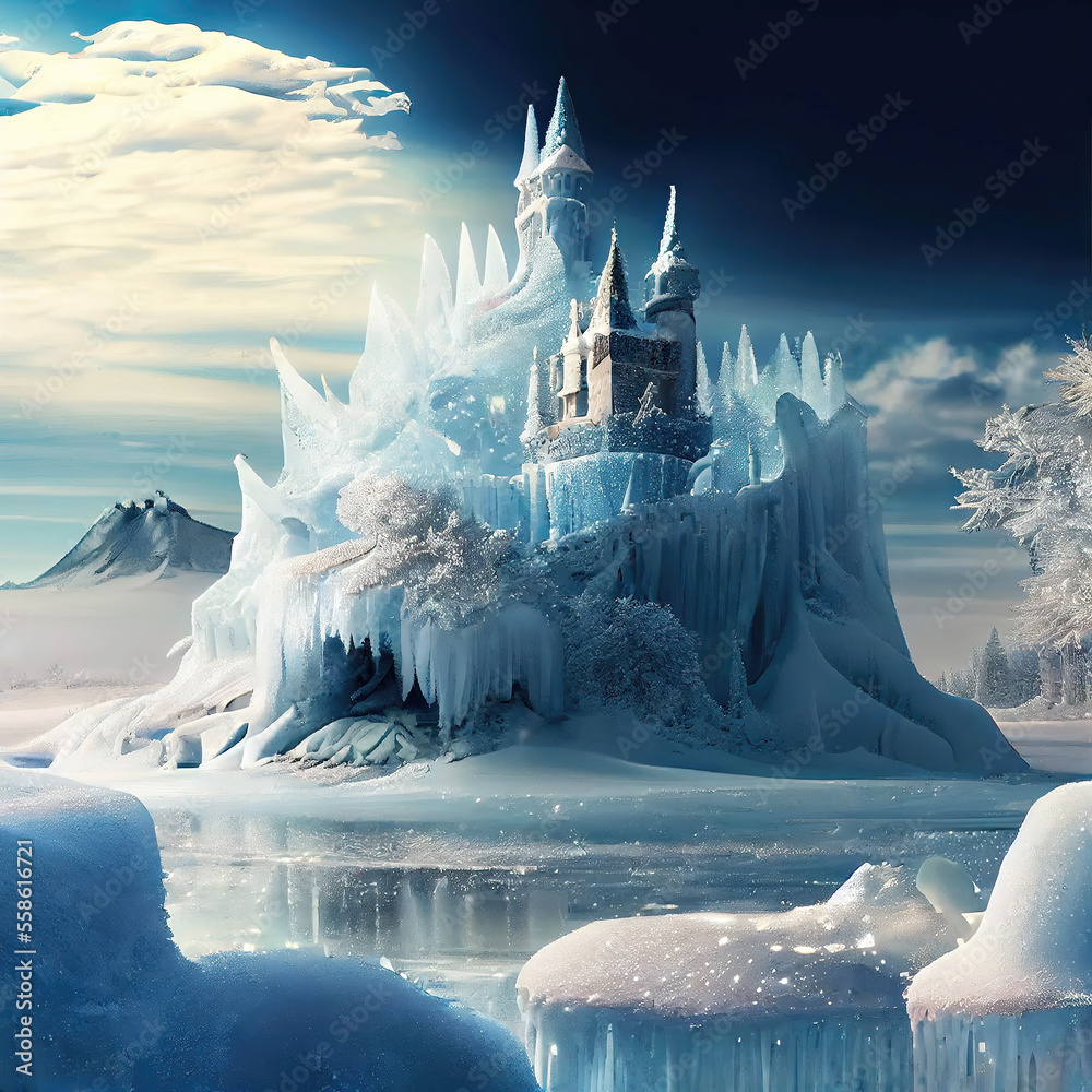 Magical fairy tale landscape with fantasy ice fortress (Generative AI ...