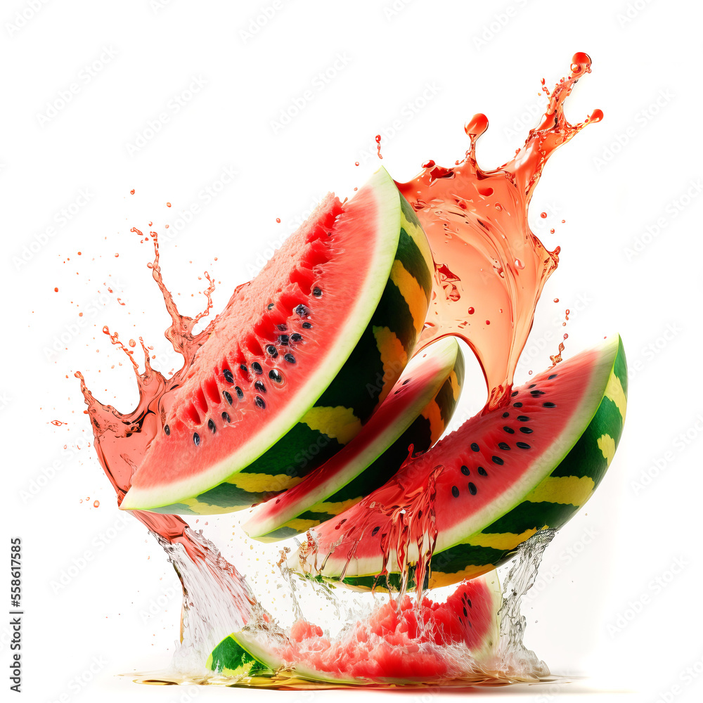 Fresh slices of watermelon flying on a plain background with exploding juice splash. Generative ...