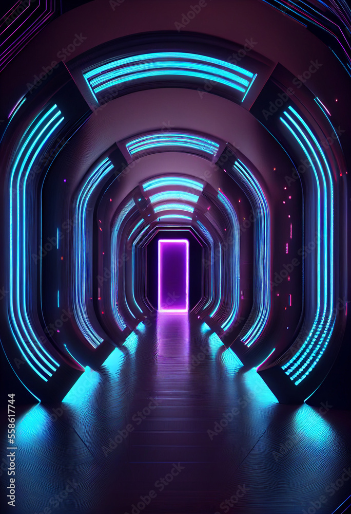 Sci-fi tunnel with blue and violet neon lights. Abstract high-tech ...