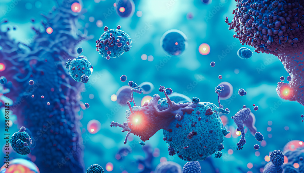 The abstract painting depicts bacteria under the microscope, showcasing ...