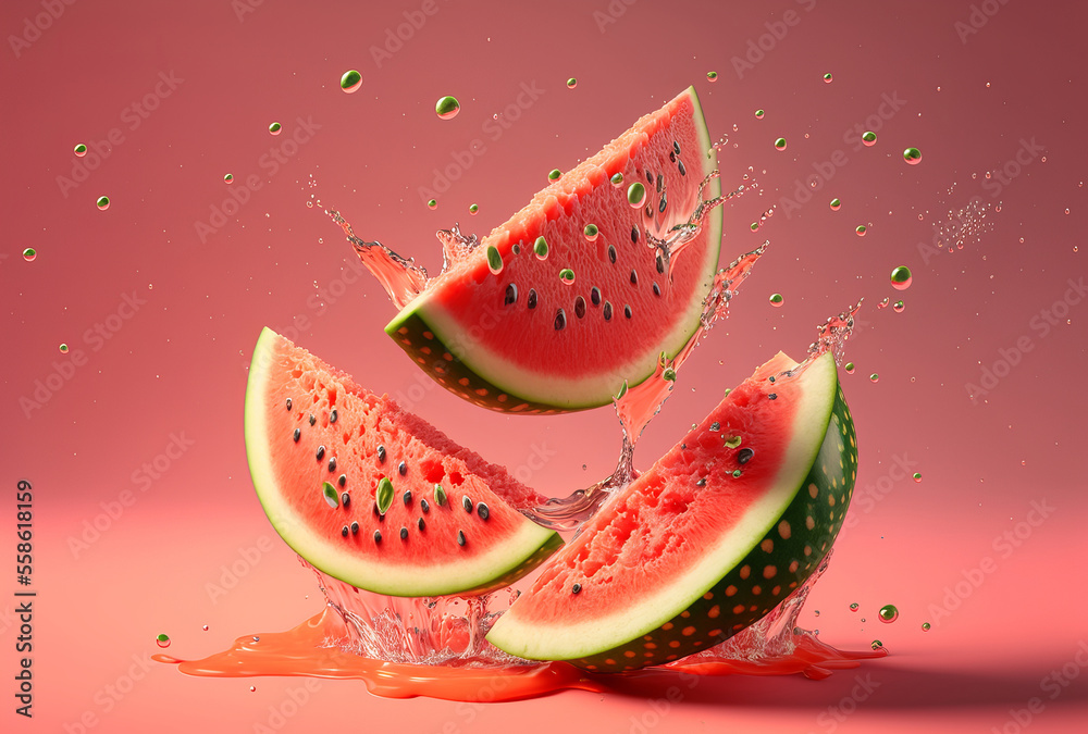 Fresh slices of watermelon flying on a plain background with exploding juice splash. Generative ...
