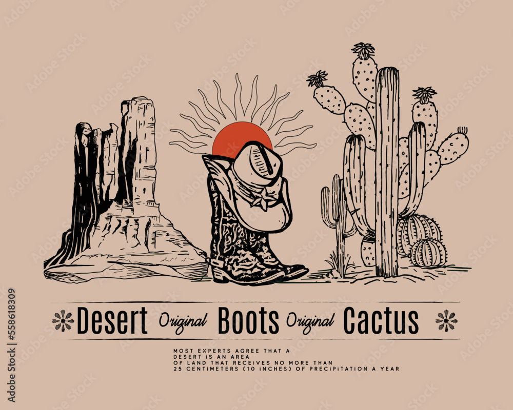 Desert, boots, cactus vector graphic with text prints, Western desert ...