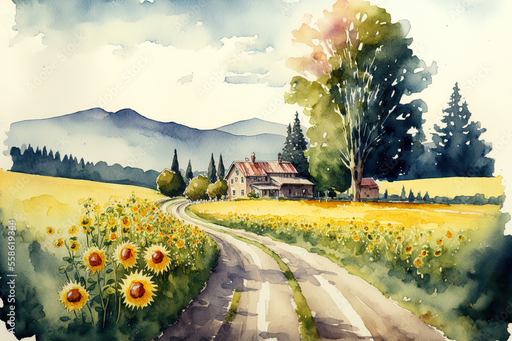 Farm with sunflowers, watercolor painting by hand. Painting of a ...