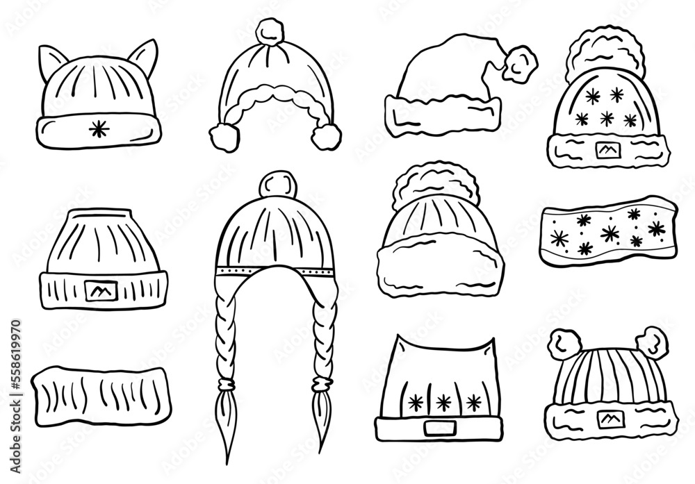 Set of winter caps and hats sketches isolated on white background ...