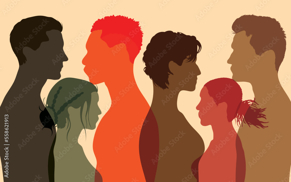 Vetor de Together with women and men from different cultures. Harmony ...