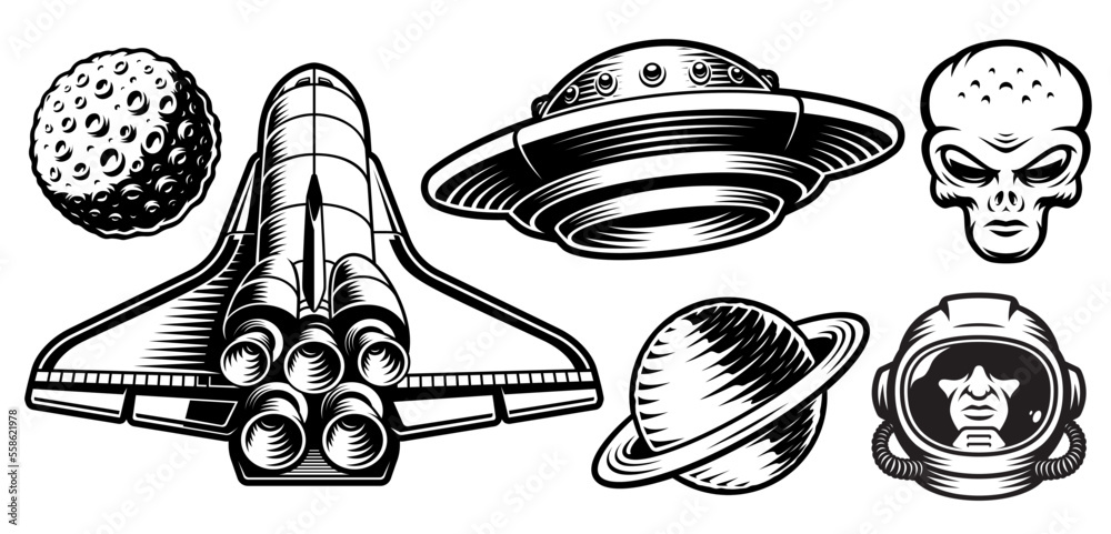 Alien vector graphics set isolated on white background such as asteroid ...