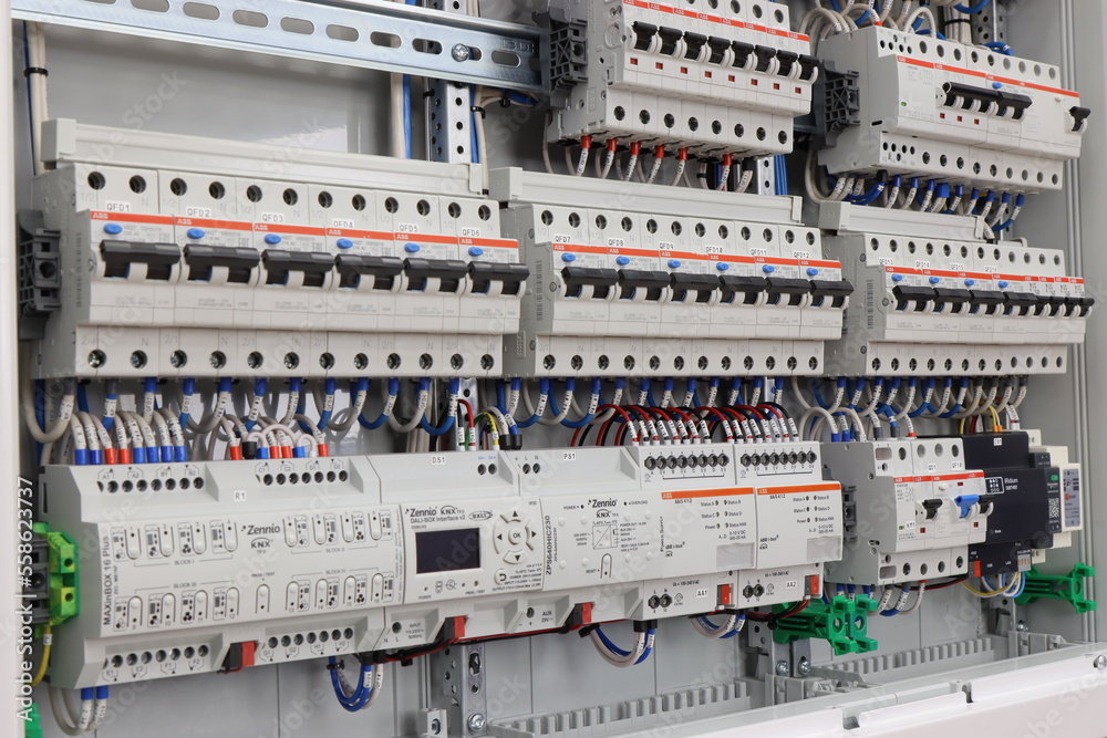 ABB automation modules with a KNX control bus are installed in an ...