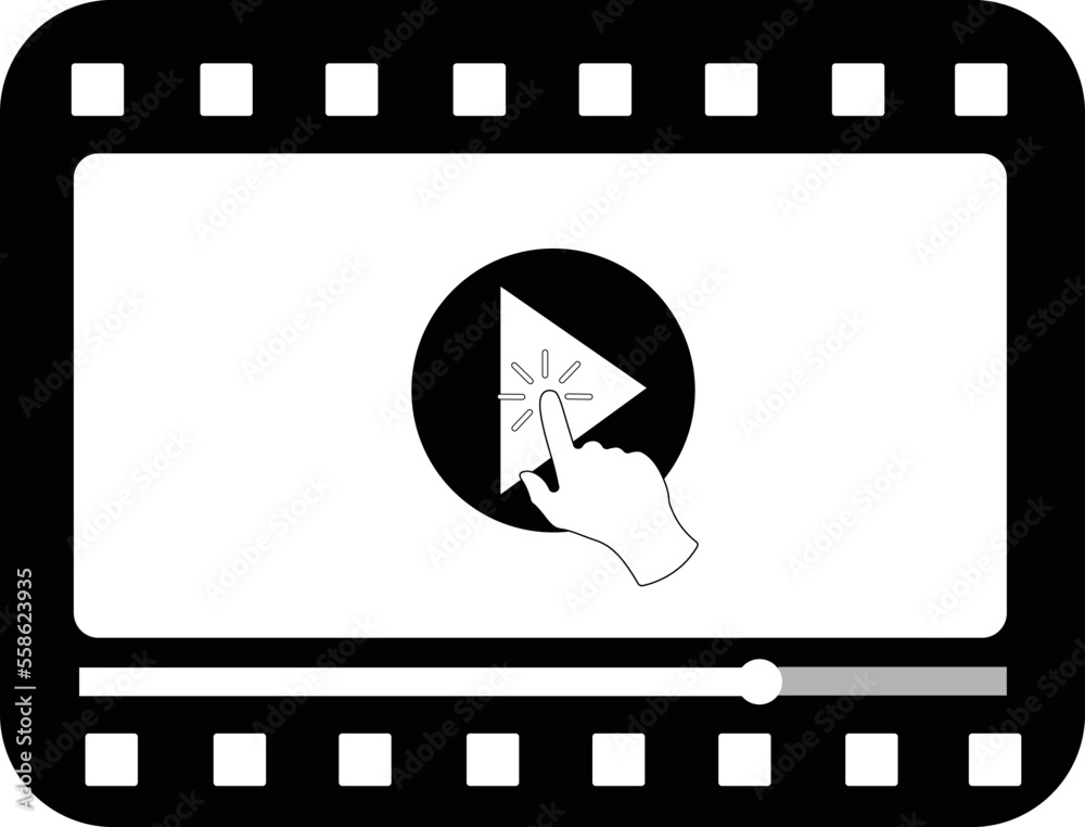 Multimedia video player shape with a hand pressing play button. Filming ...