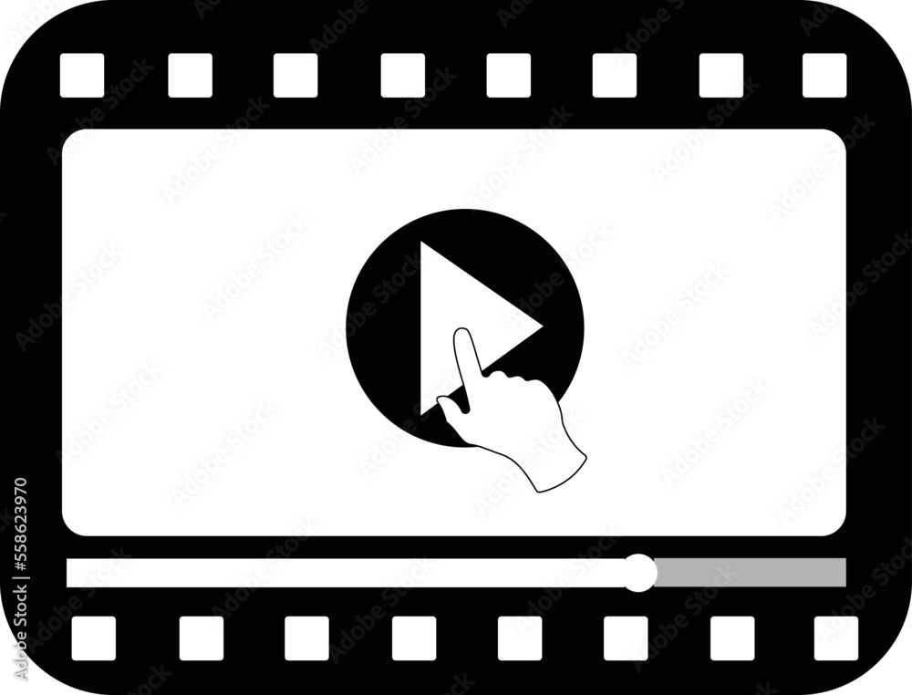 Multimedia video player shape with a hand pressing play button. Filming ...