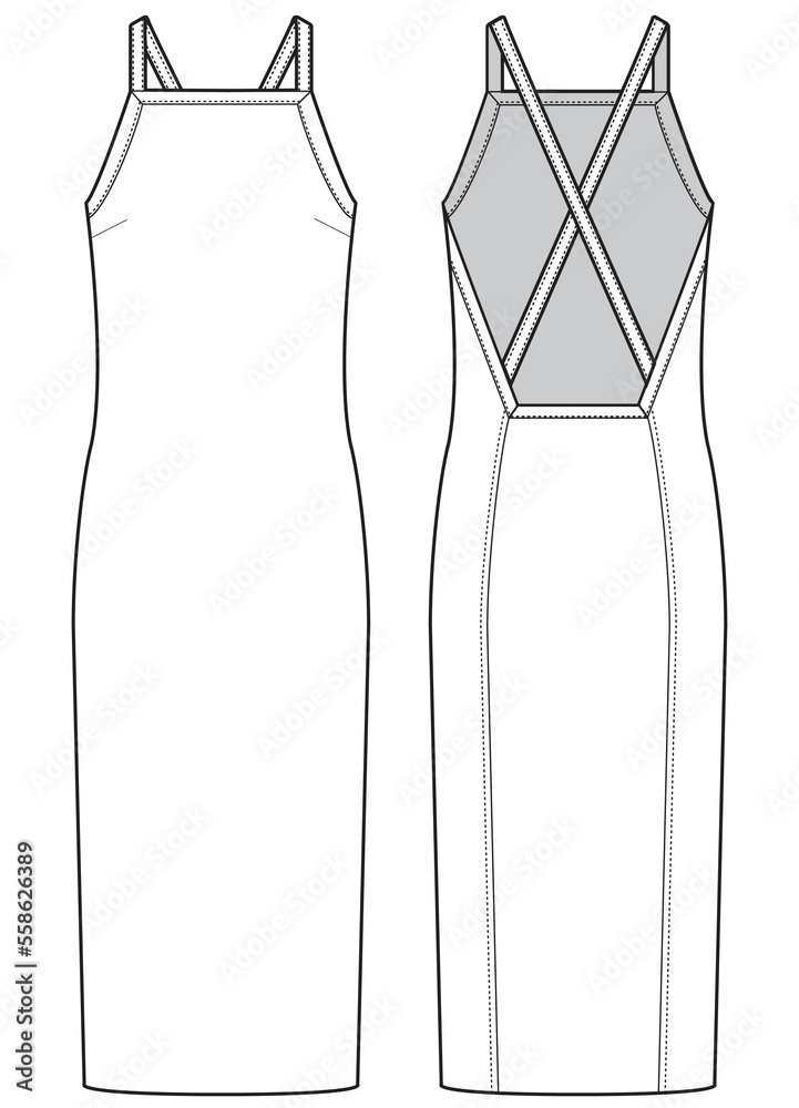 womens apron dress flat sketch vector illustration front and back view ...