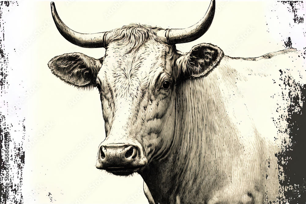 White drawing of a lone cow head with horns. vintage illustration in ...