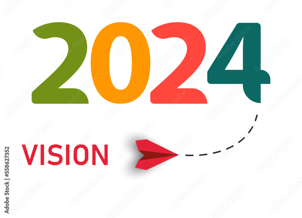 Happy new year 2024. Typography logo 2024 red airplane flying to the ...