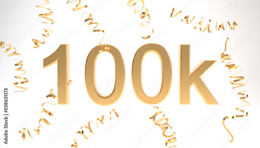 100k followers symbol with confetti 3d rendering. Gold 100k 3d number ...