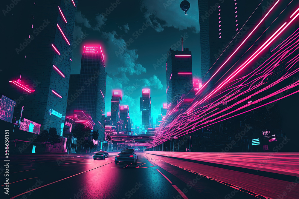 cyberpunk metropolis of the future with a pink and blue light trail ...