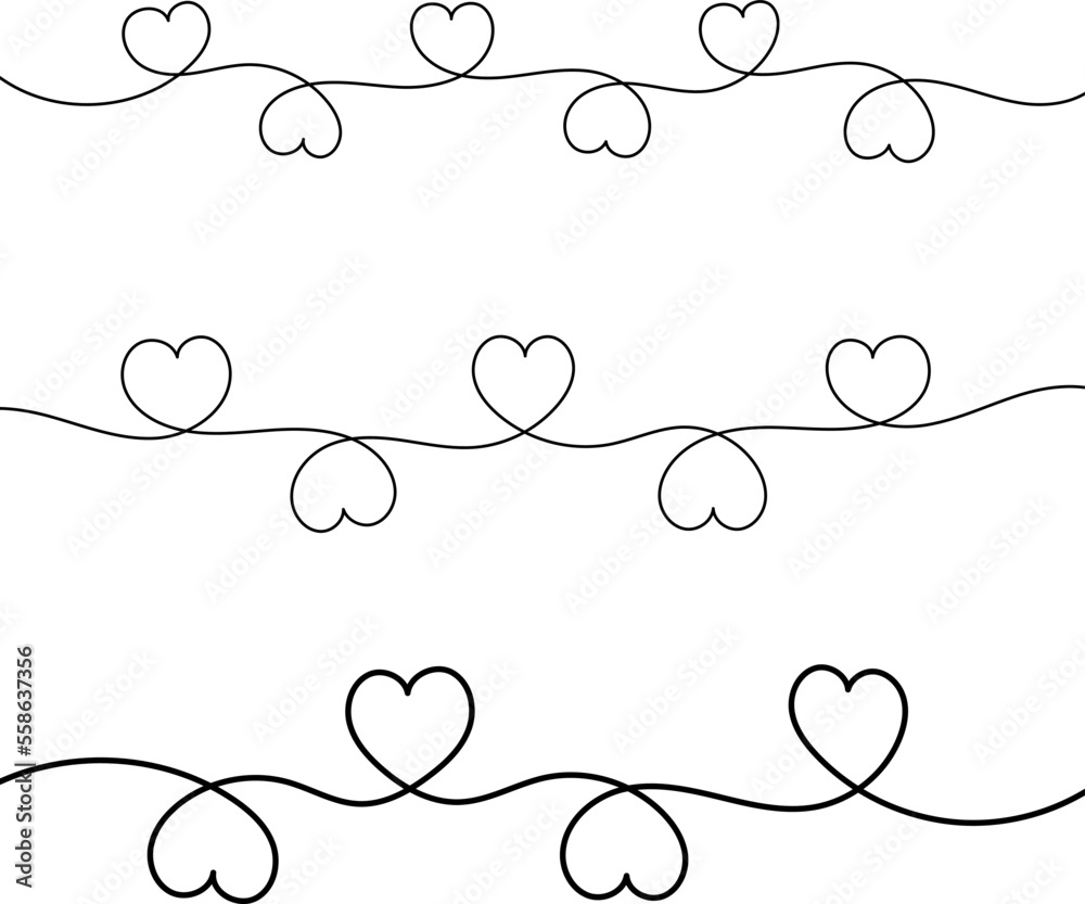 Three lines with different numbers of cute hearts. Line art drawn by ...