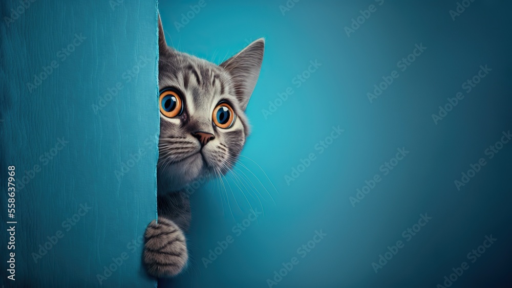 Frightened cat peeks out from behind a corner on a blue background ...