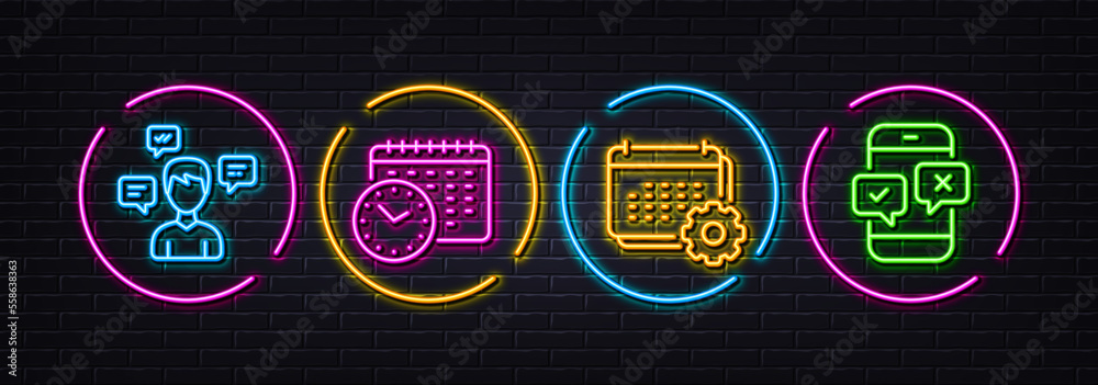 Calendar time, Conversation messages and Calendar minimal line icons. Neon laser 3d lights ...