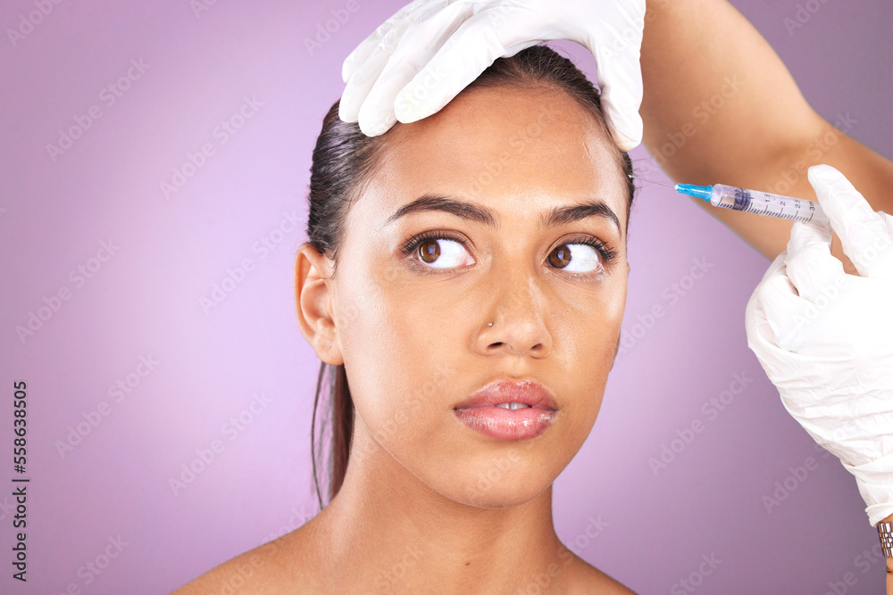 Beauty, woman and face with botox, plastic surgery and facial skincare ...