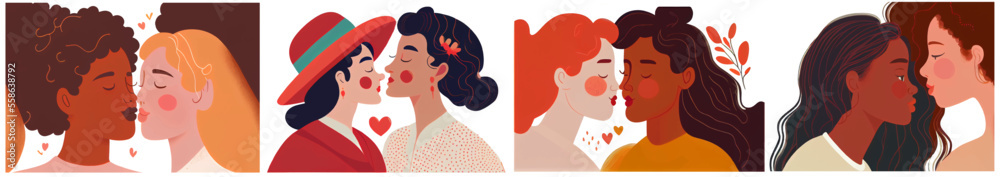 horizontal set sticker cartoon style multicultural lesbian couple in love isolated on white ...