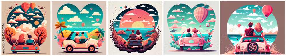 horizontal set of cartoon couple in love at wedding honeymood travel on ...